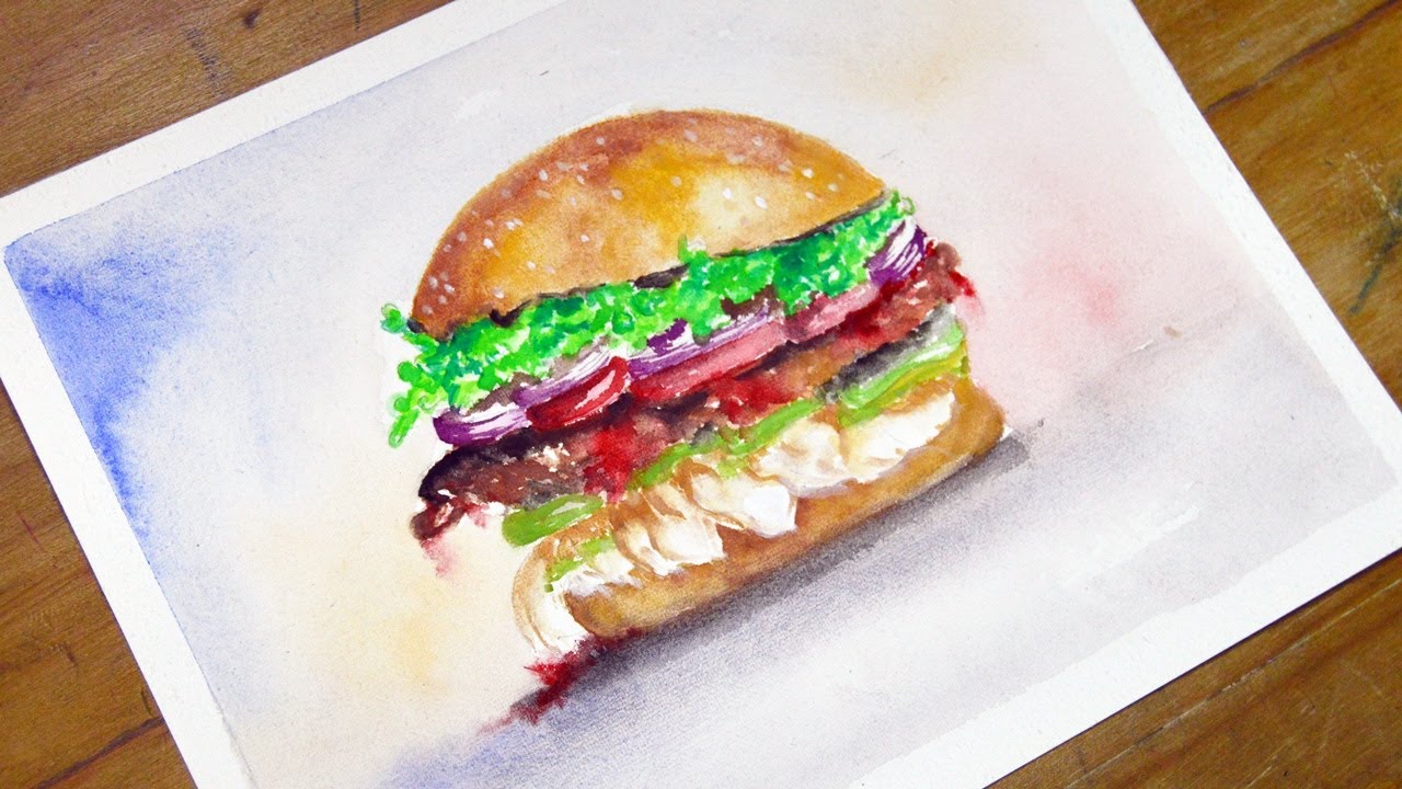 How to Paint A Realistic Burger in Watercolor Step by Step for ...