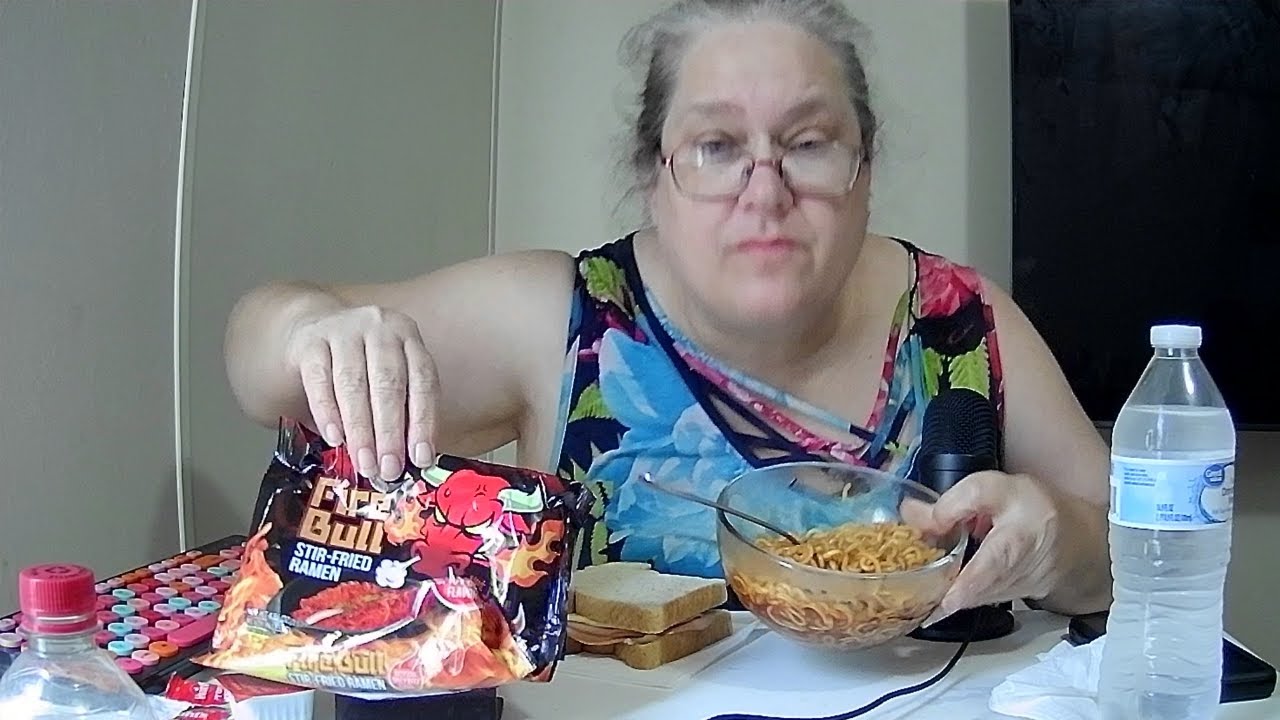 Fire bull spicy noodles and ham turkey cheese sandwitch eating show # ...