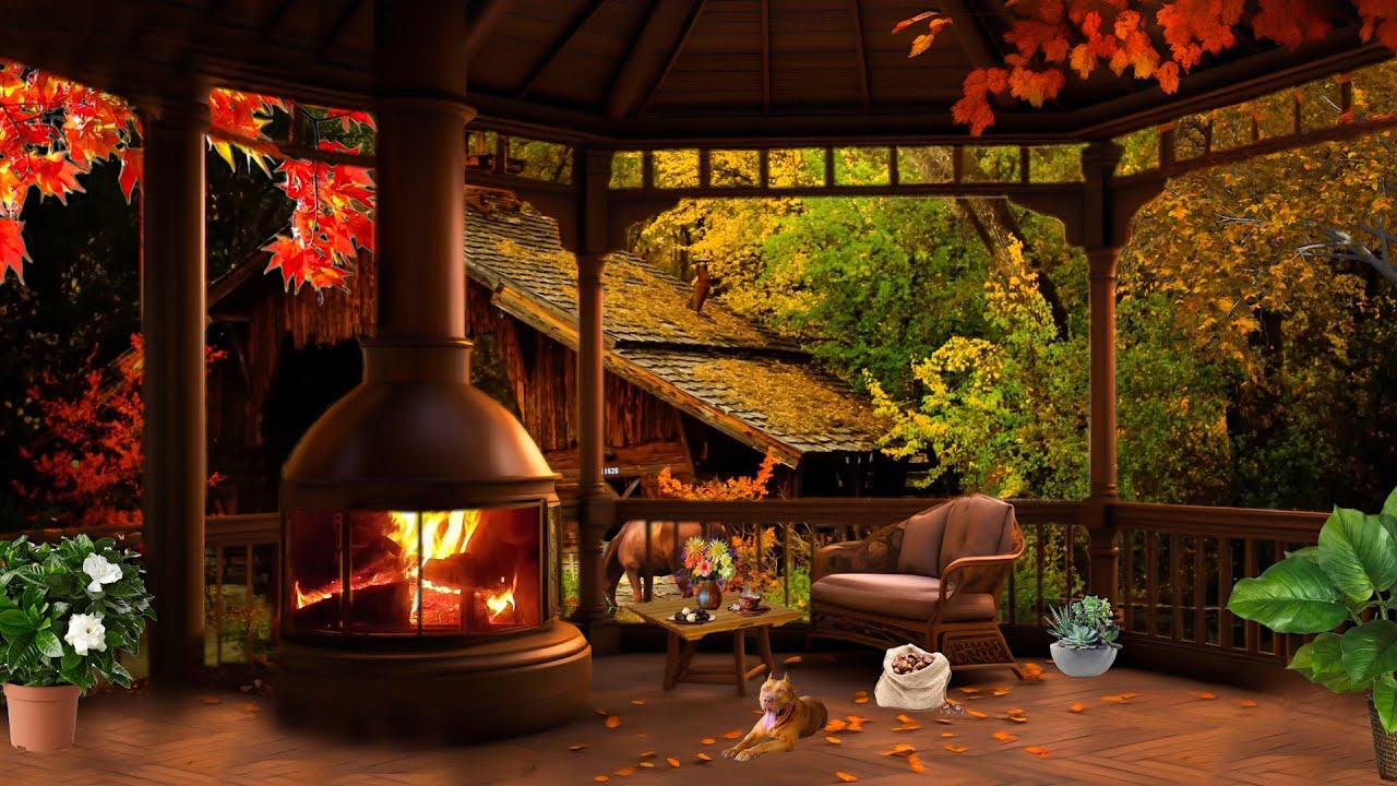 Cozy Porch by the Autumn Garden Ambience with Piano Music and Autumn ...