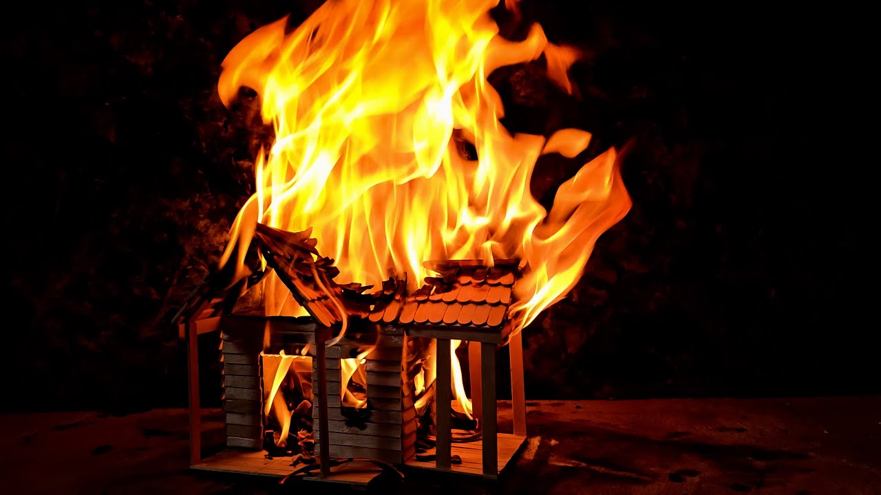 Elevated Popsicle Stick House Burns Forever in Intense Crackling Flames ...