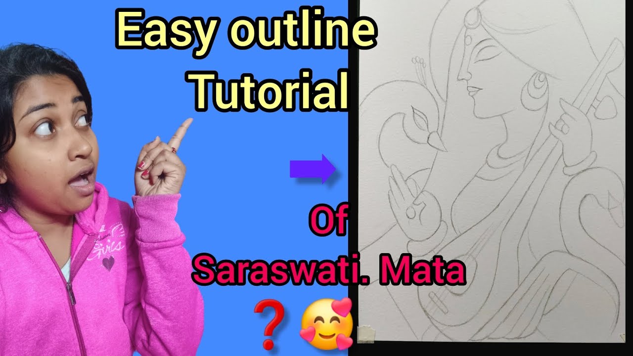 easy outline tutorial of saraswati Mata drawing ️🥰#easydrawing step by step drawing # - YouTube