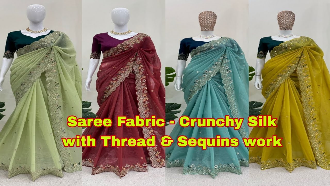 Saree Fabric - Crunchy Silk with Thread & Sequins work🥰🥰🥰 - YouTube