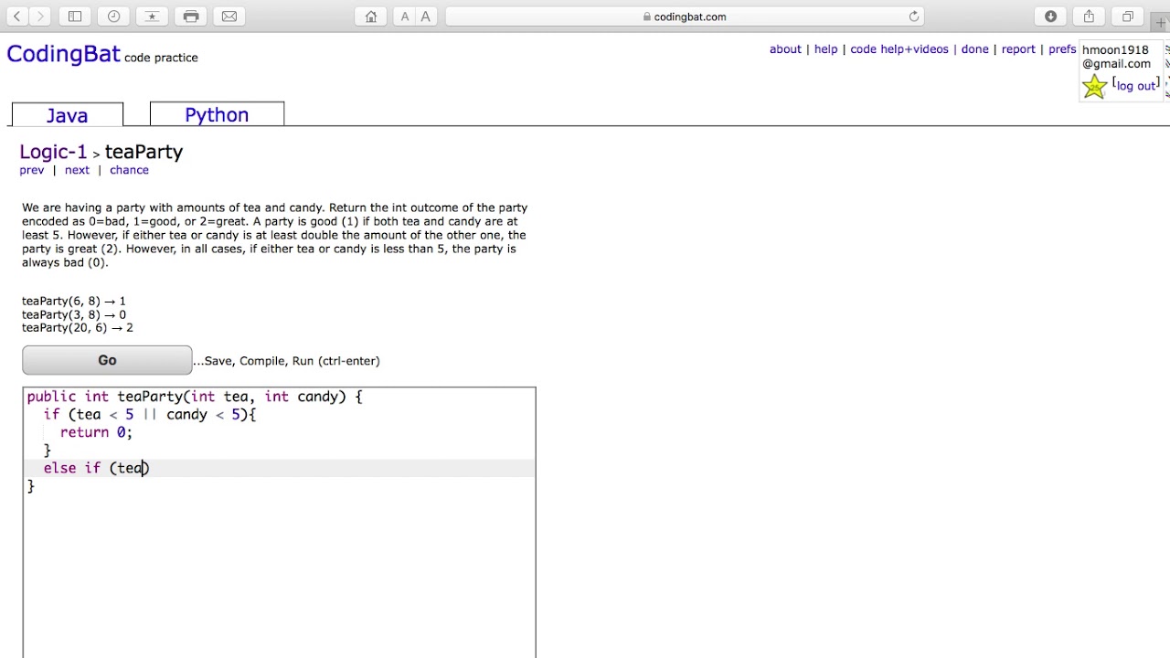 Logic 1 Teaparty Java Tutorial Codingbat Com Youtube 7421