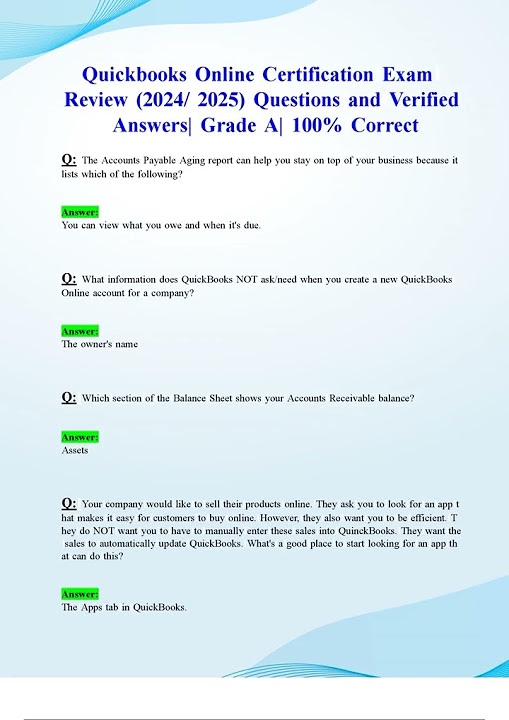 QUICKBOOKS ONLINE CERTIFICATION EXAM REVIEW 2025 QUESTIONS AND VERIFIED ANSWERS GRADE A 100 ...