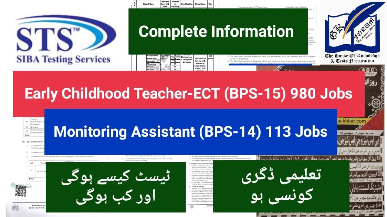 Monitoring Assistant (BPS-14) 113 & 980 ECT-Early Childhood Teacher (BPS-15) Jobs | IBA ...