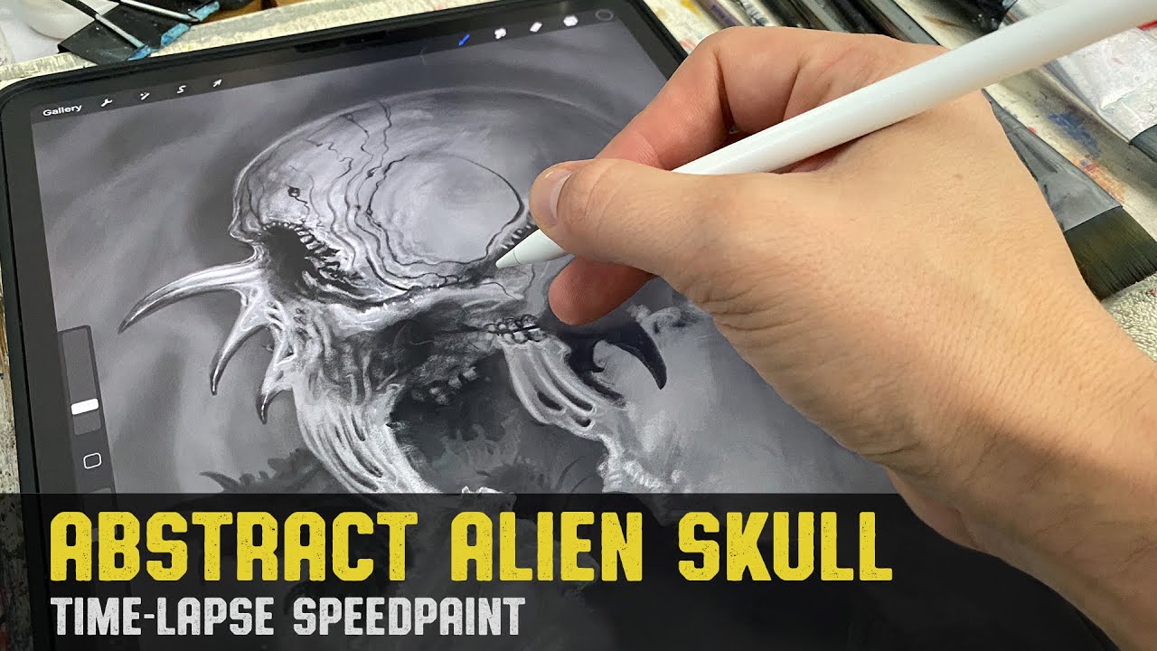 Drawing an abstract alien skull in Procreate | Dark fantasy abstract ...