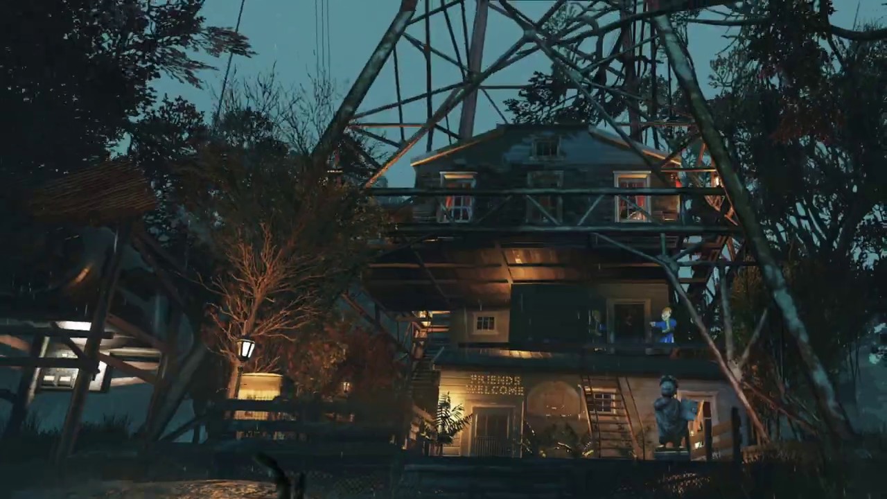Fallout 76 camp build under pylon with buried railcars - YouTube