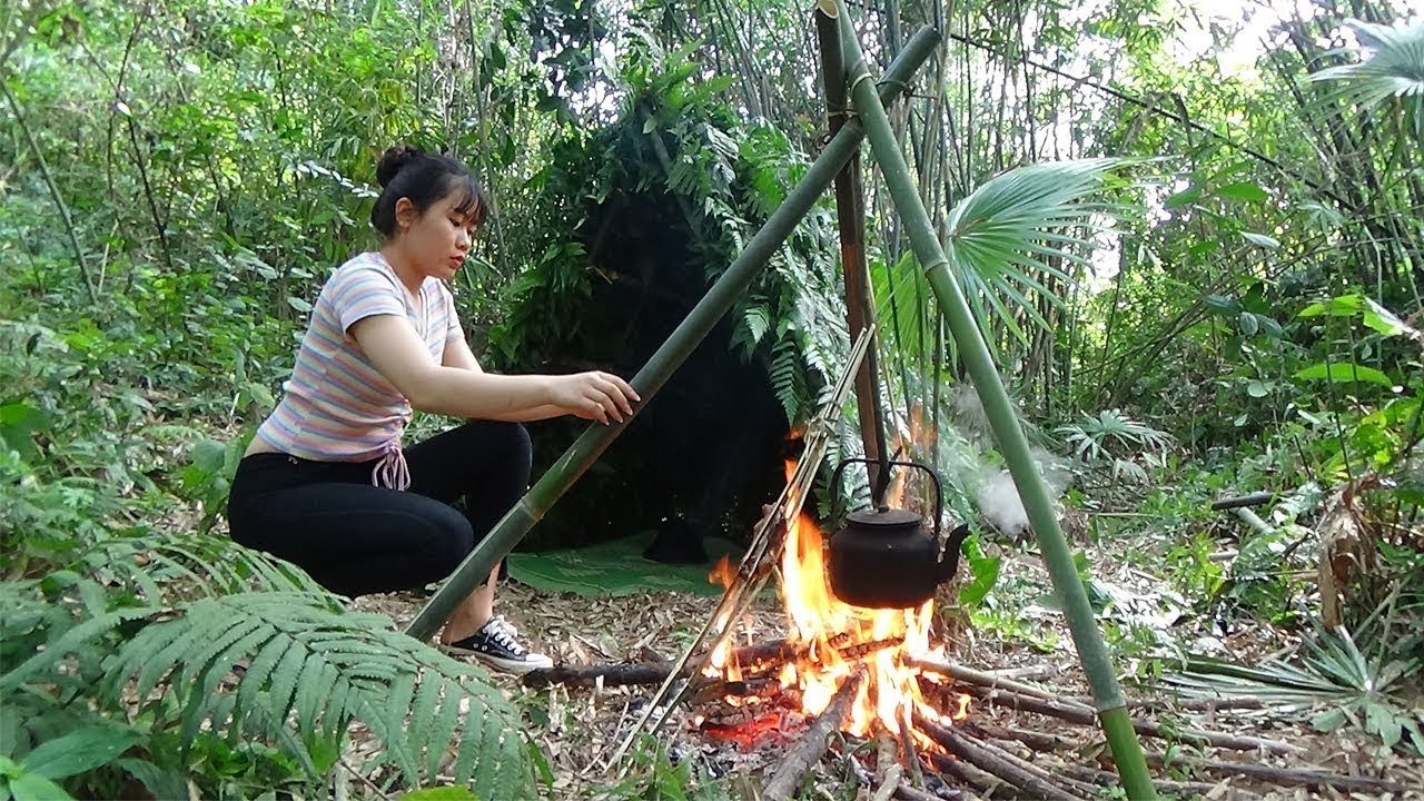 Challenge to survive alone in the wild forest, set up a tent, cook ...