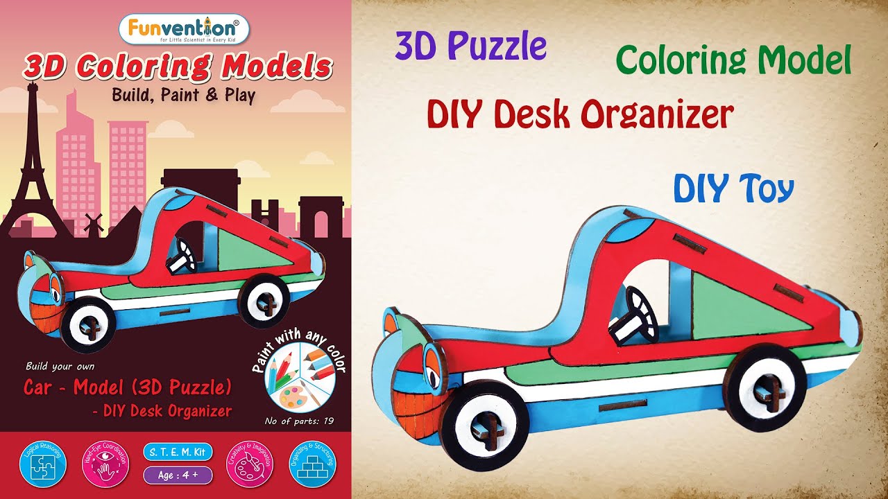 Funvention Car 3D Coloring Puzzle Model - DIY Pen Stand - Educational ...