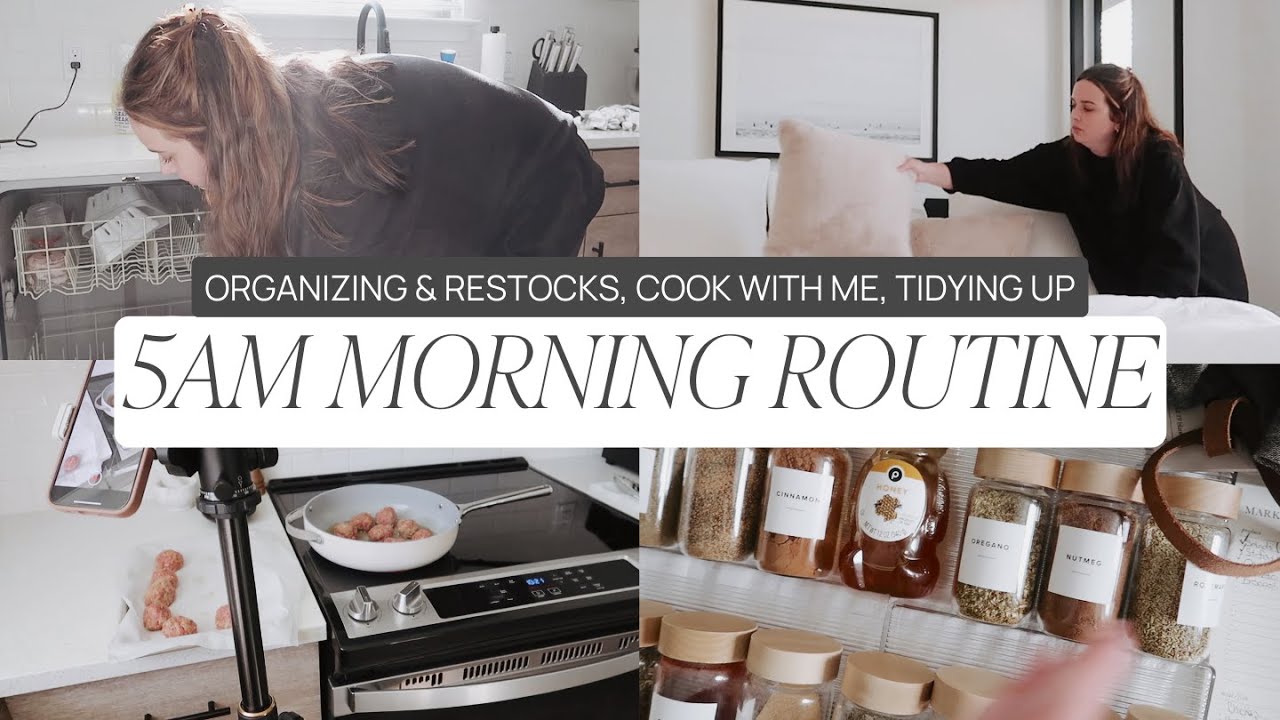 5AM MORNING ROUTINE: organizing & restocks, at-home latte routine, cook ...