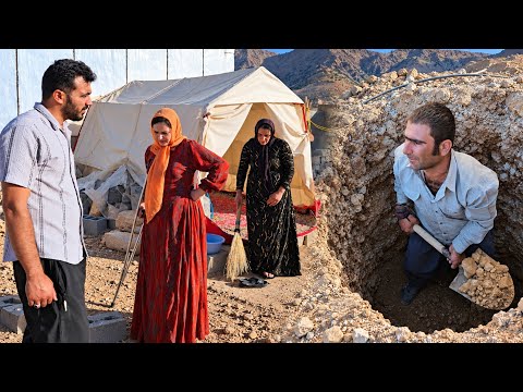 Hassan fights for his family; digging a sewage well next to a tent