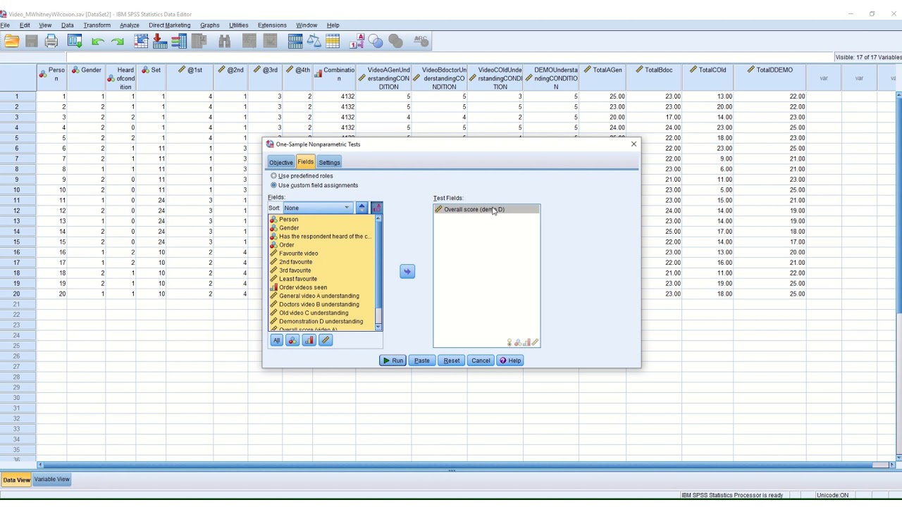 Performing a One Sample Wilcoxon Signed Rank test in SPSS - YouTube