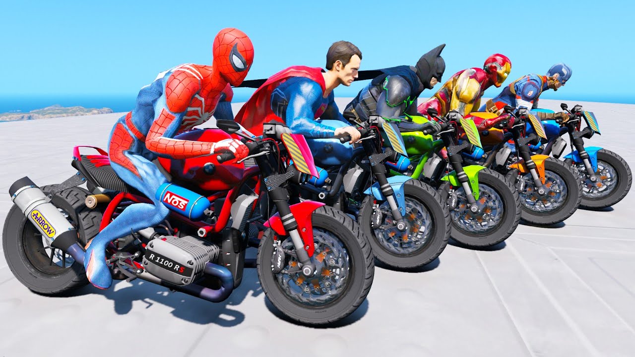 Racing Spiderman Motorcycles with Superheroes - Race on Military Base ...