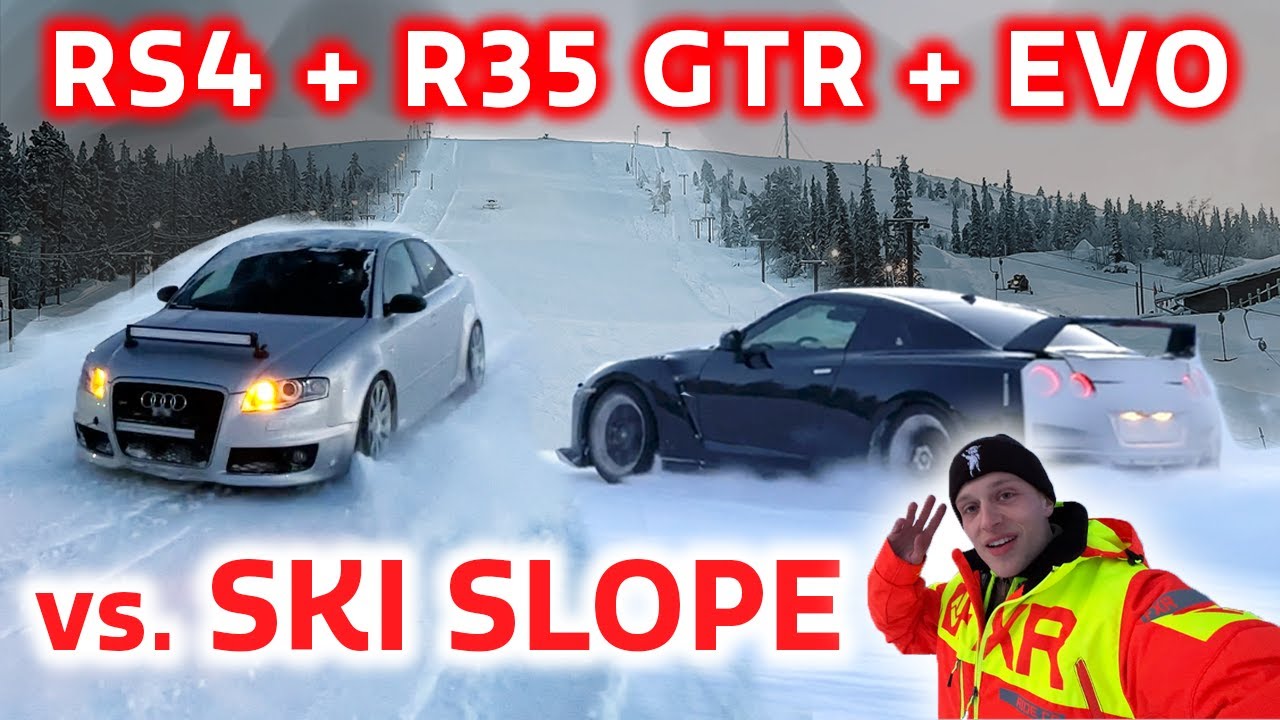 Nissan R35 GTR, EVO 9 & RS4 B7 drifting up SKI SLOPE - *POLICE* Sound ...