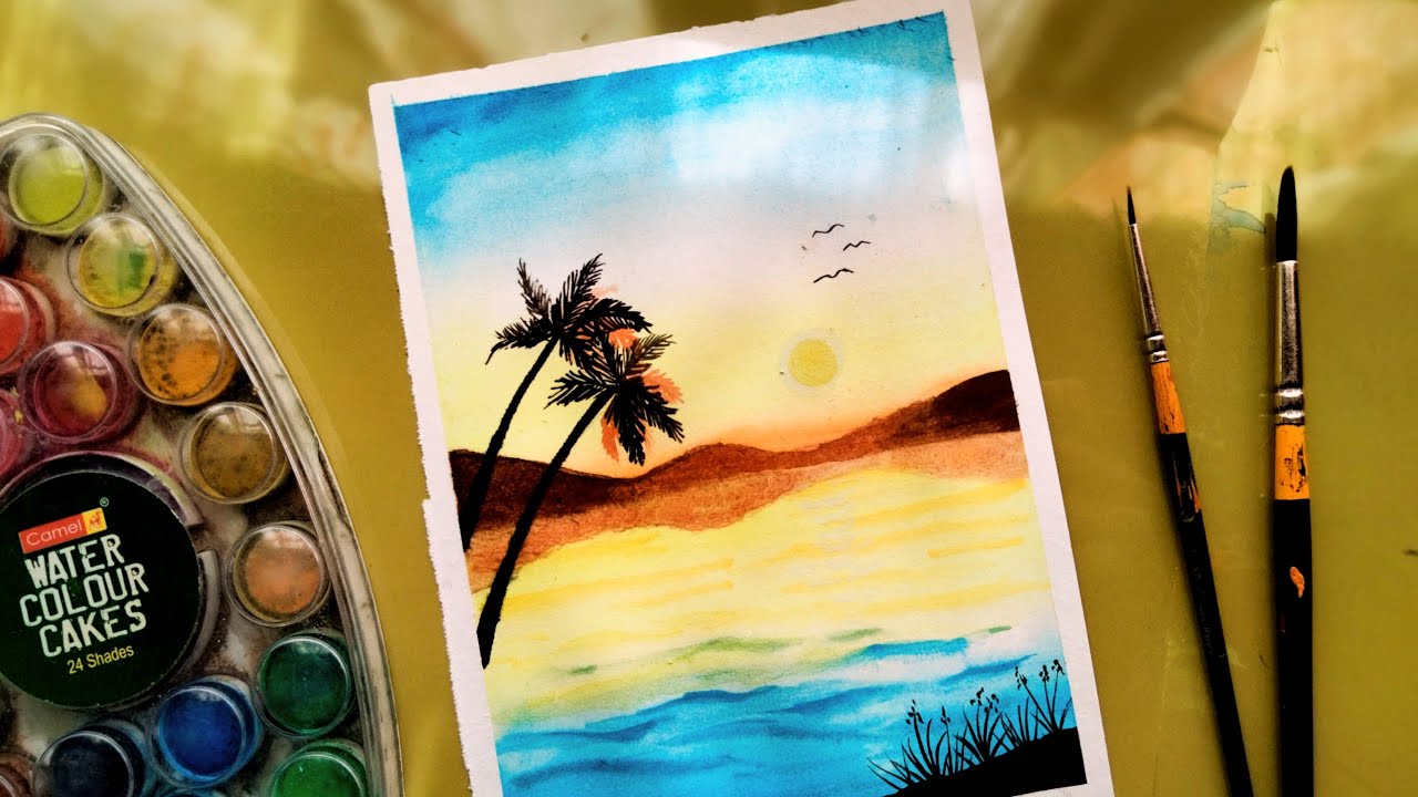 How to draw a Sunset 🌇 painting bt watercolor 🎨/easy to draw, step by ...