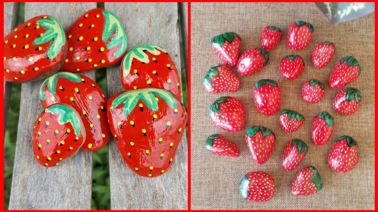 diy 6p strawberry stone painting // gorgeous pebble craft - YouTube