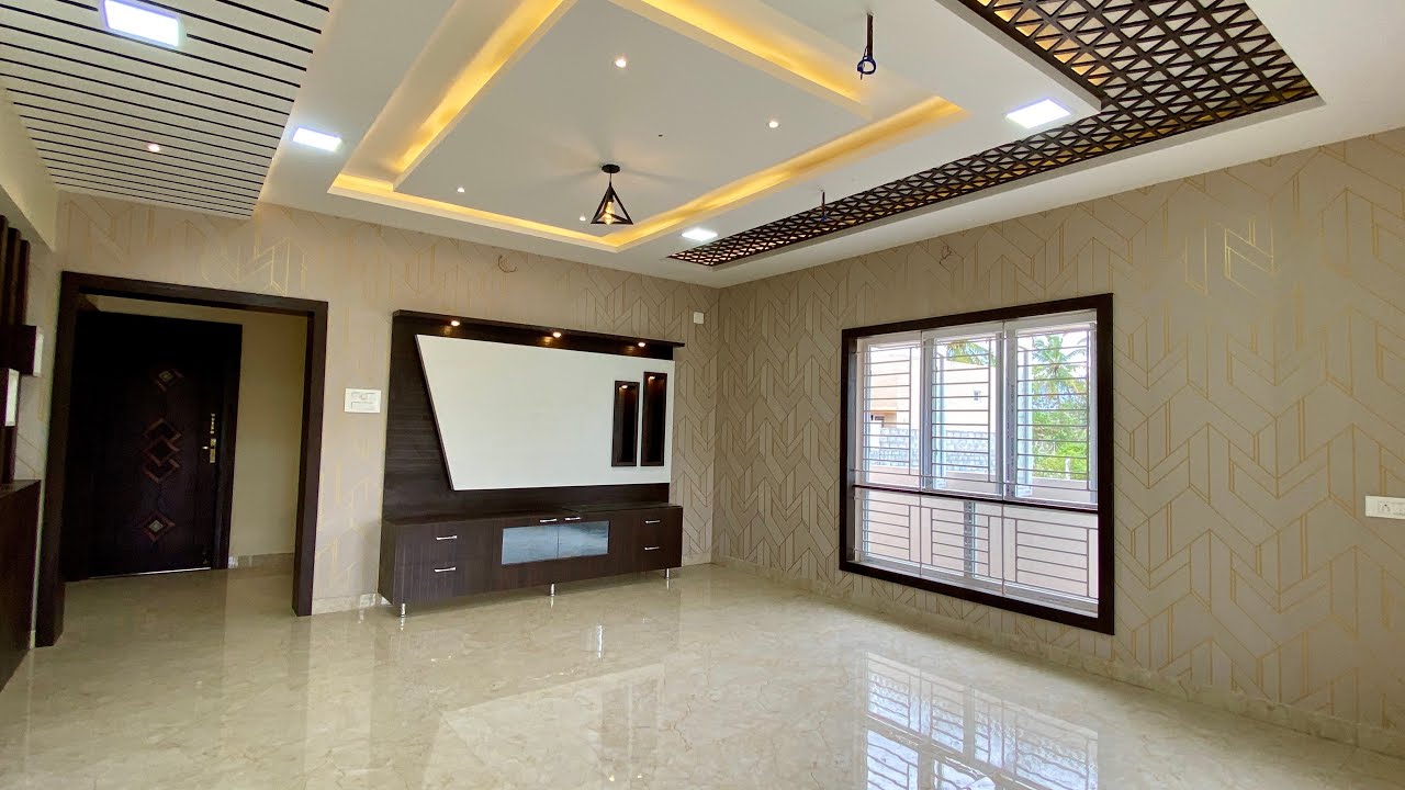 16*17 Living Hall Design with Wallpaper, TV Unit, False Ceiling, CNC ...