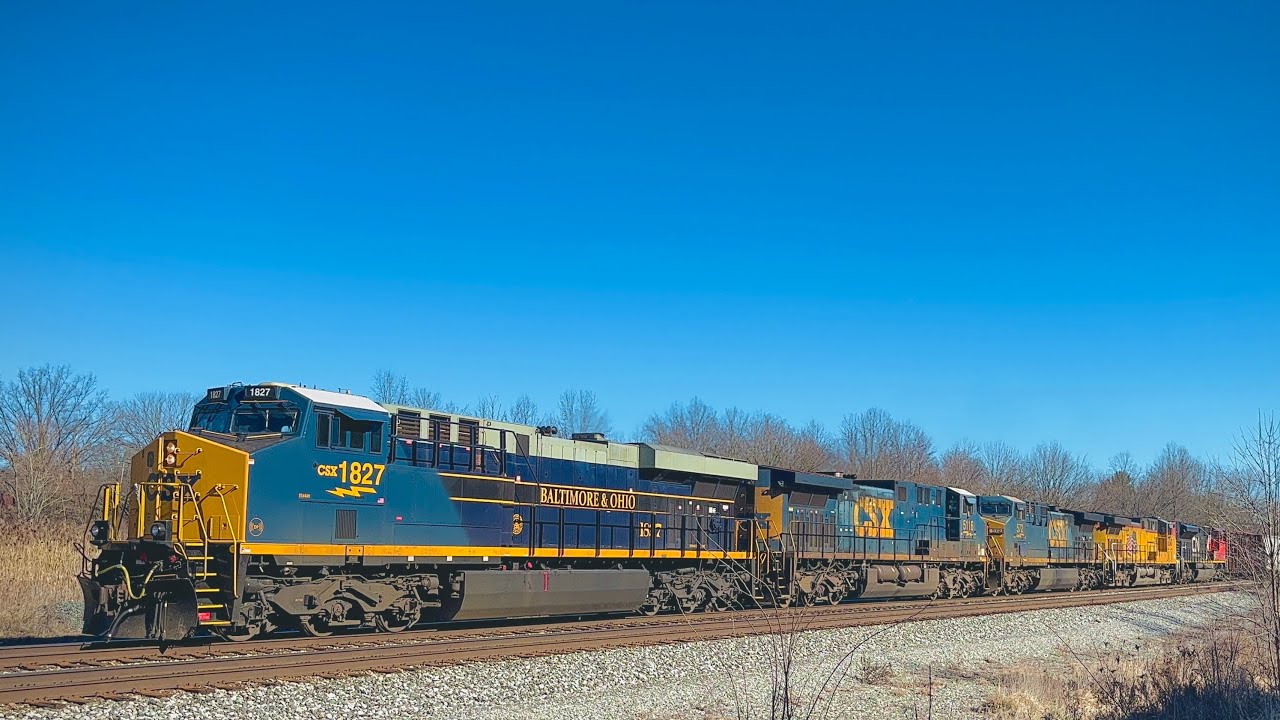CSX 1827 B&O Heritage Unit Leads M369 w/ UP & CN at Ravenna, Ohio -2/4 ...