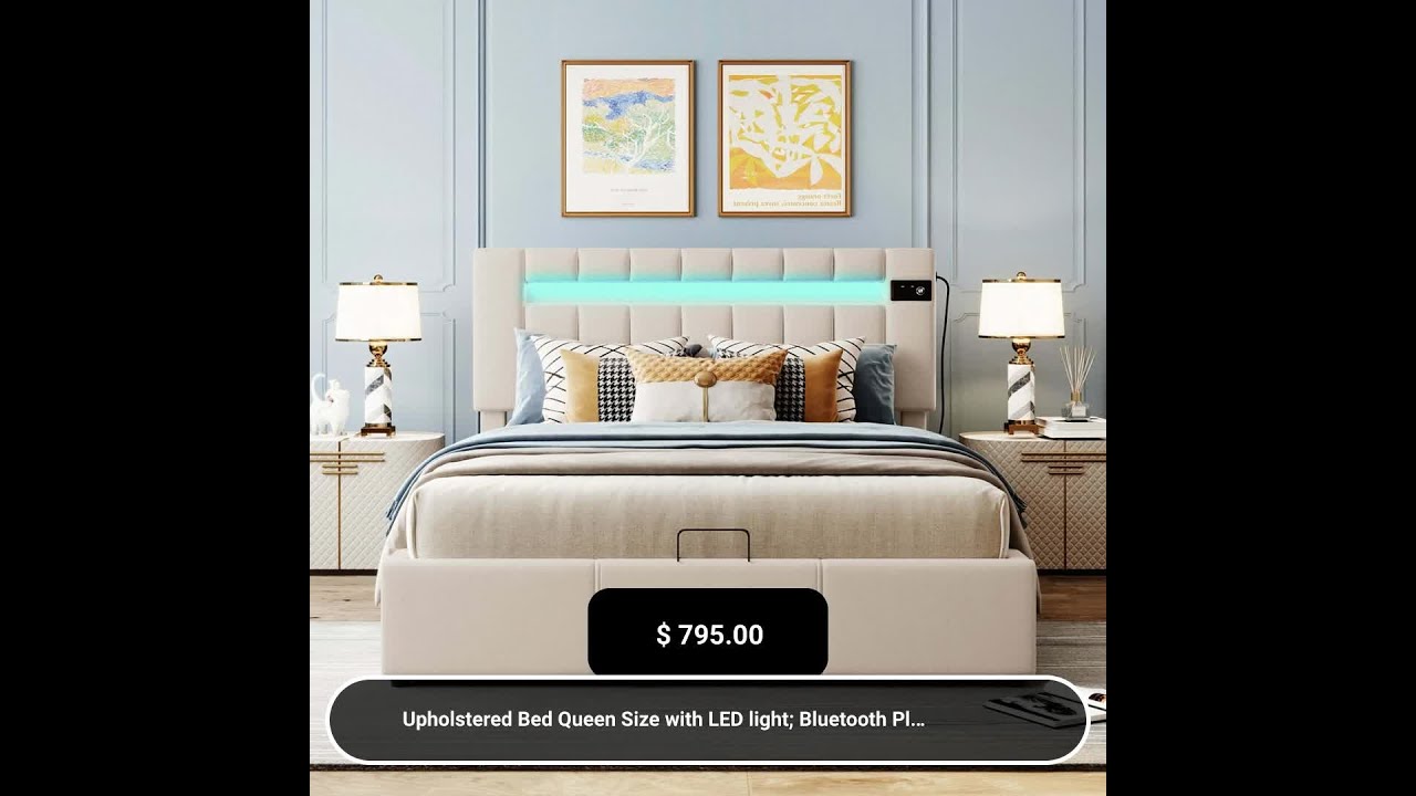 Upholstered Bed Queen Size with LED light; Bluetooth Player and USB ...