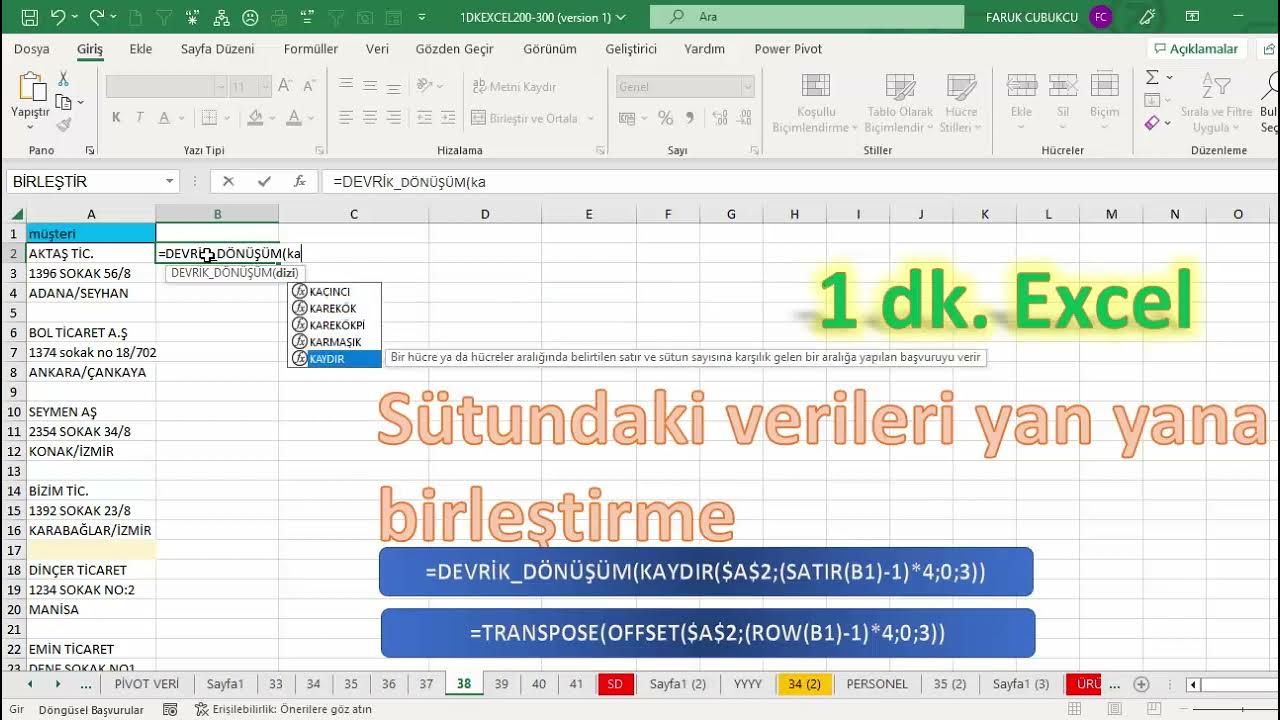Excel 1 Dakika - Sütundaki Verileri Yan Yana Birleştirmek - YouTube