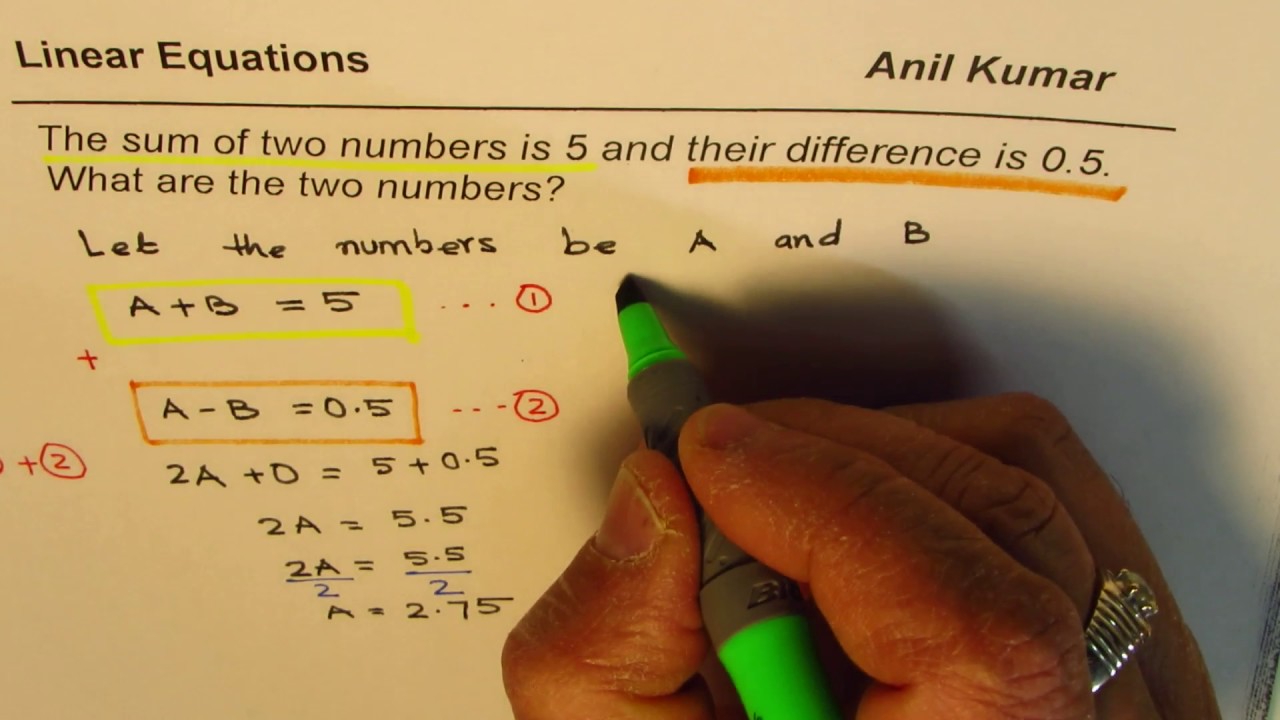 Sum Of Two Numbers Is 5 Difference Is Half Find The Numbers Linear