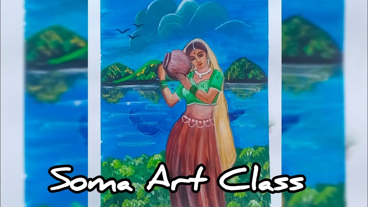 Woman holding a pot with scenery drawing | For beginners | Watercolour ...
