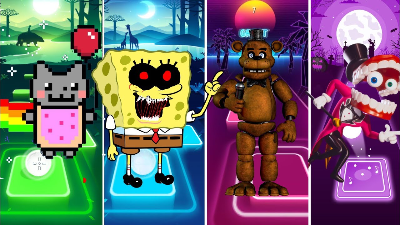 Tiles Hop - Nyan Cat 🆚 SpongeBob 🆚 Freddy Fazbear 🆚 Caine | Tiles Hop ...
