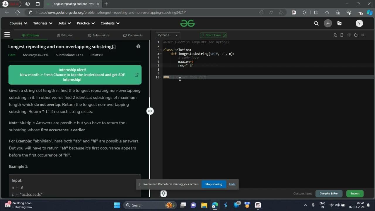 Longest repeating and non-overlapping substring GFG POTD TODAY Python Solution geeks for geeks ...