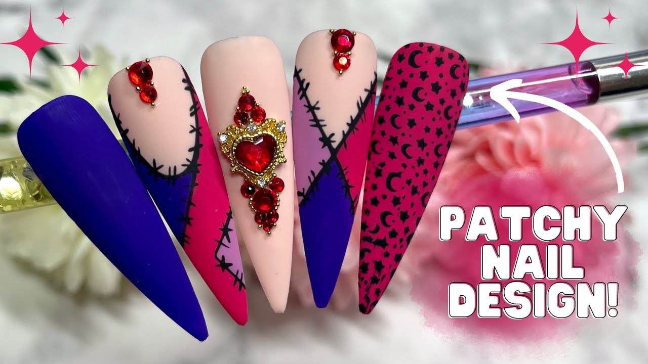 SPOOKY PATCHY NAILS| STICHES NAIL DESIGN| PRESS ON NAILS TUTOTRIAL ...