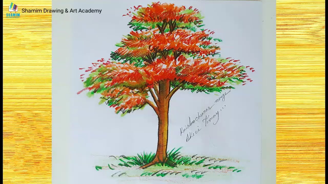 How to draw krishnachura flower tree easy step by step || krishnachura ...