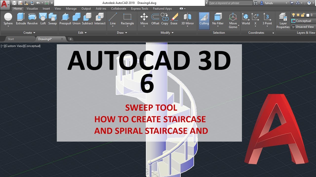 AUTOCAD 3D 6 SWEEP TOOL,CREATE SPIRAL STAIR CASE - YouTube