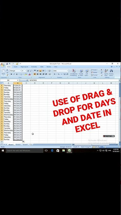 Use of drag & drop for days and date in excel - YouTube