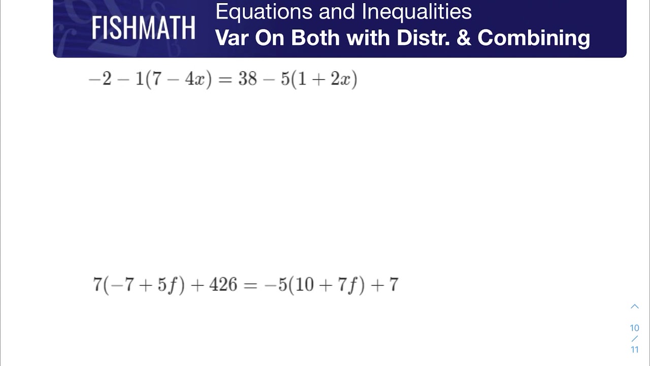 Equations and Inequalities - Var on Both Sides with Distributing and Combining - FishMath.com ...