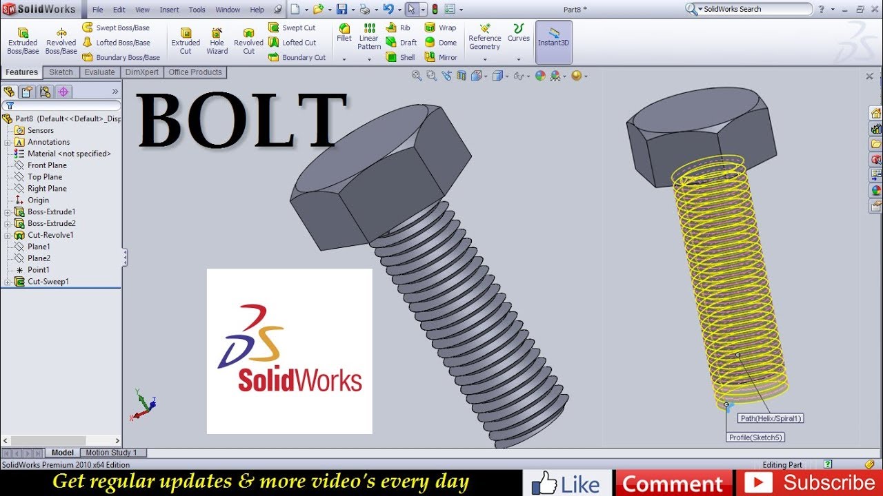 SolidWorks - Bolt with Thread Cutting - YouTube