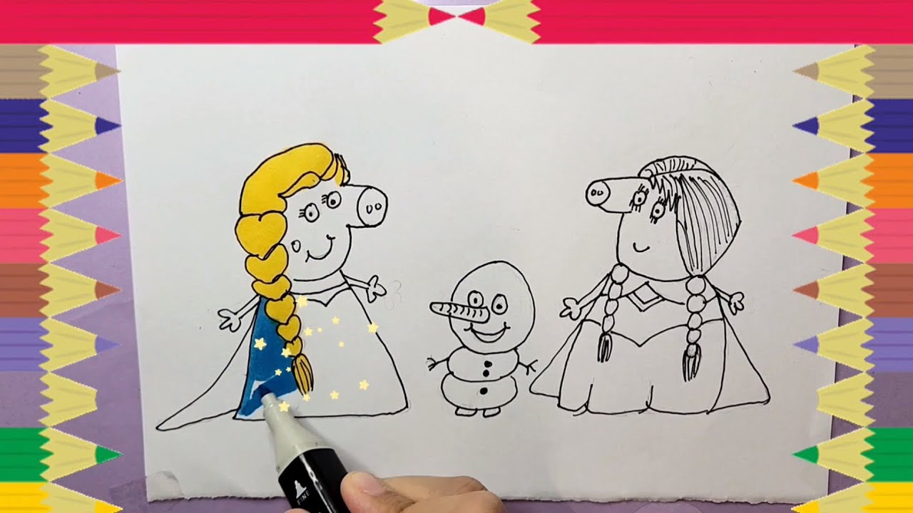 How to draw peppa pig elsa anna | Draw peppa pig forozen characters ...