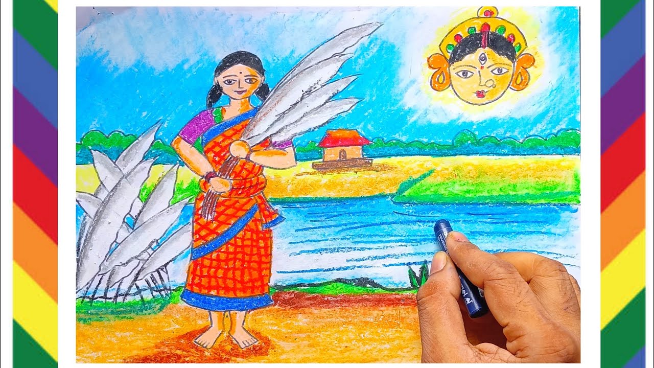 শরৎ কালের ছবি#মহালয়ার একটা সহজ ছবি আঁকা#How to draw a easy mahalaya ...