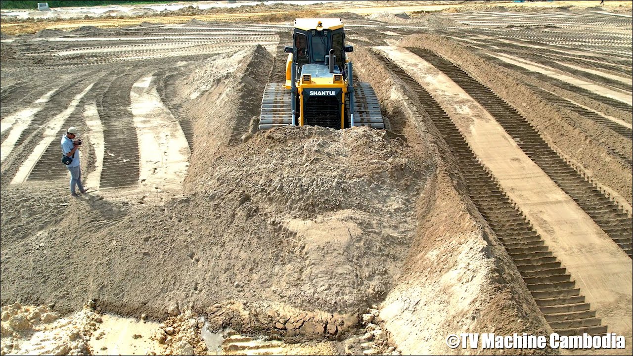 Excellent Working Bulldozer Pushing And Grading Sand Filling ...
