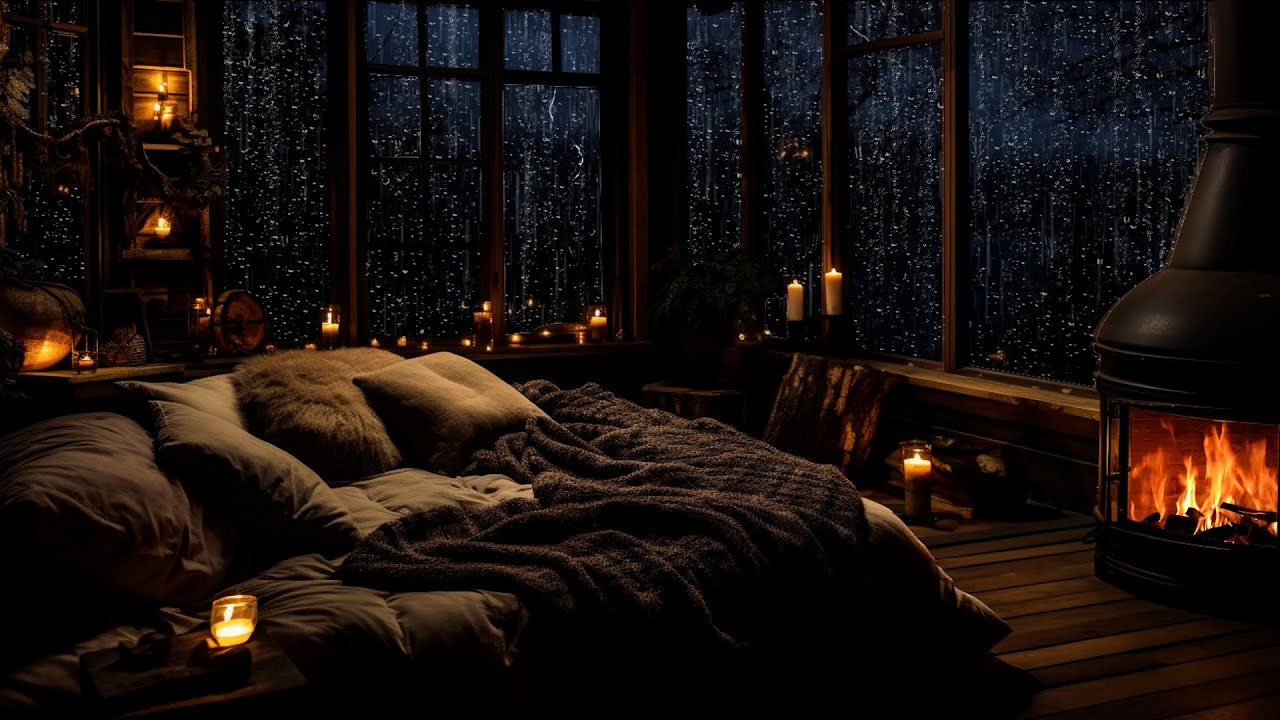 Cozy Cabin Ambience - Rain and Fireplace Sounds at Night 8 Hours for ...