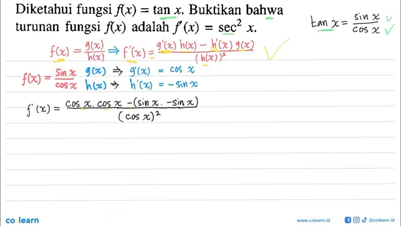 Diketahui fungsi f(x) =tan x, Buktikan bahwa turunan fungsi f(x) adalah f'(x) = sec^2 X... - YouTube