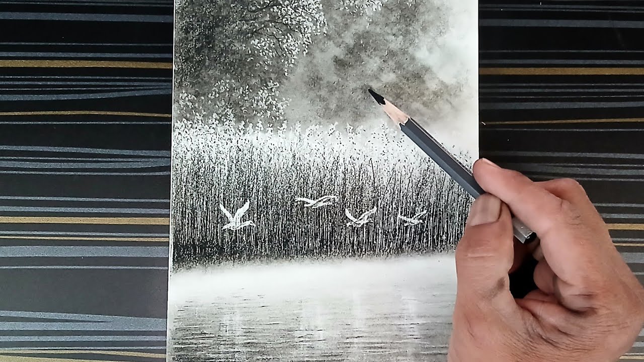 Spring season nature with flying birds landscape drawing by pencil ...