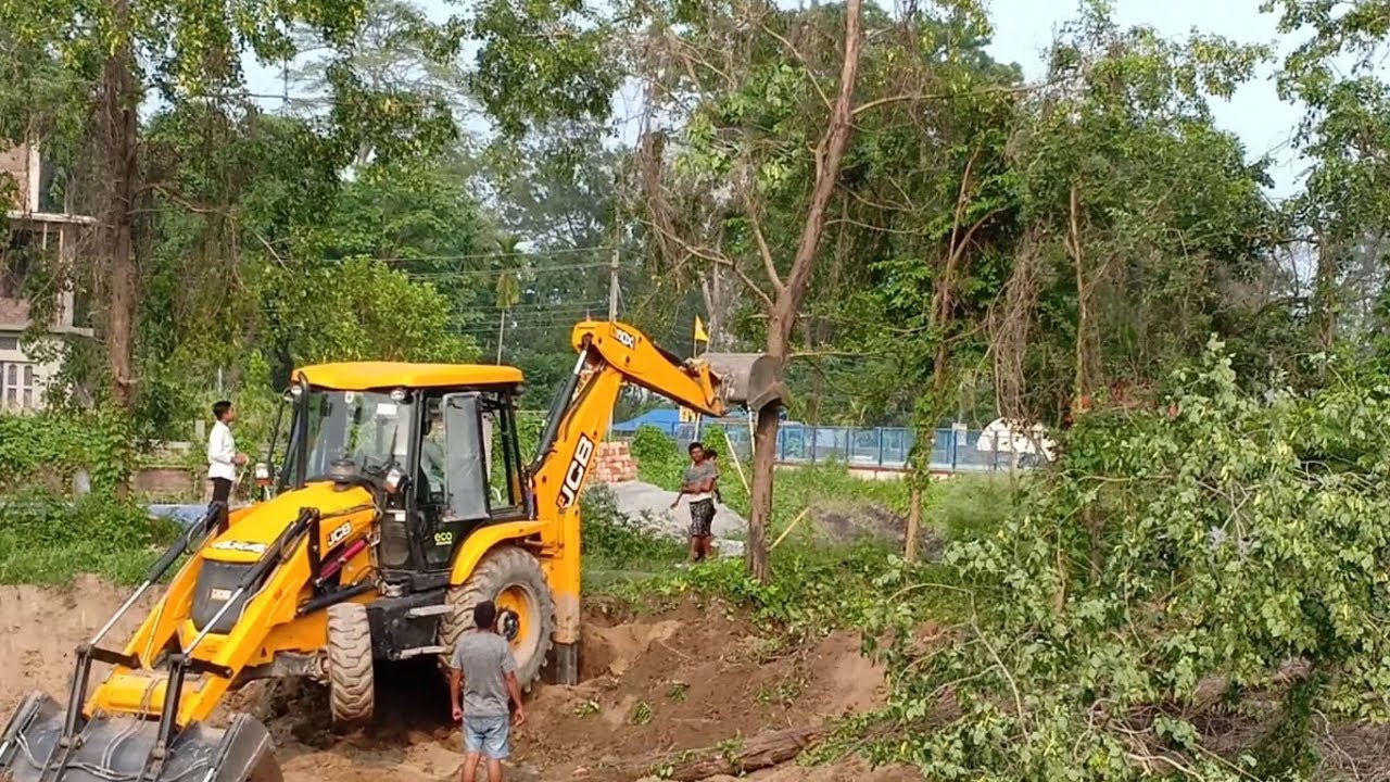 JCB Backhoe-Felling and Removing its Root Out - YouTube