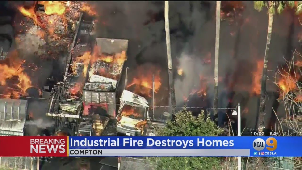 Fire Crews Battle Pallet Yard Fire In Compton, 3 Homes Destroyed - YouTube