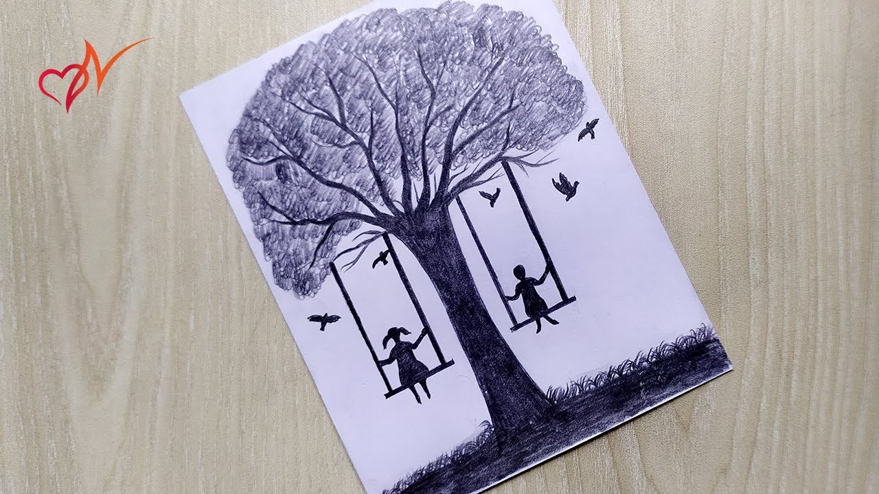 Two swing hanging on a big tree || Pencil sketch scenery drawing - Step ...