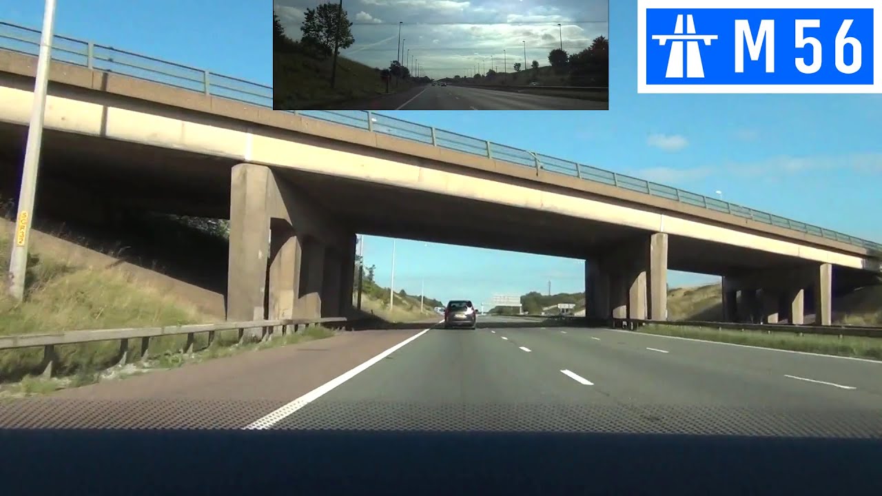 M56 Motorway - Junctions 9 to 7 - Front View with Rearview Mirror - YouTube
