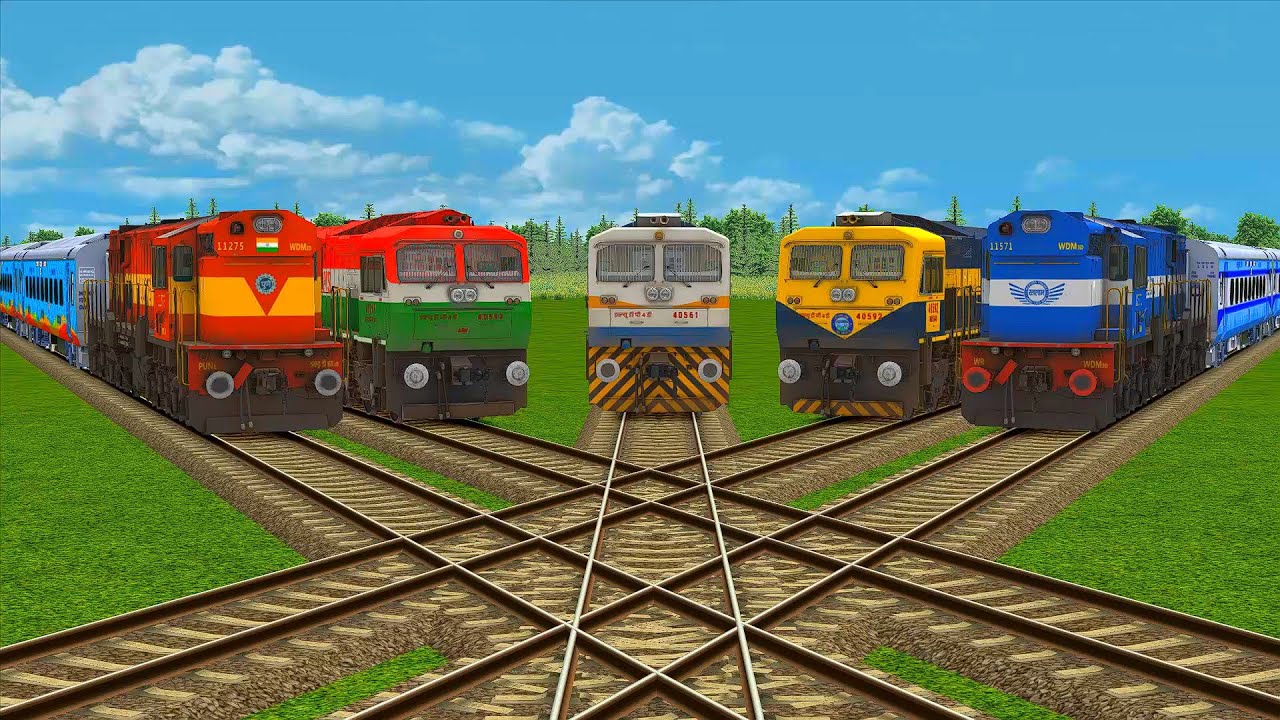 5 Diesel Trains Crossing On Double Crisscrossed Each Other On Bumpy ...