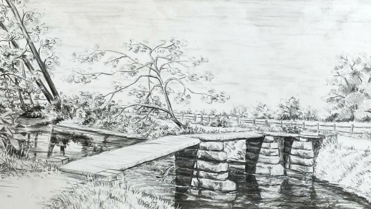 Simple Stone Bridge Drawing In A Atmospheric Perspective Scenery Art ...