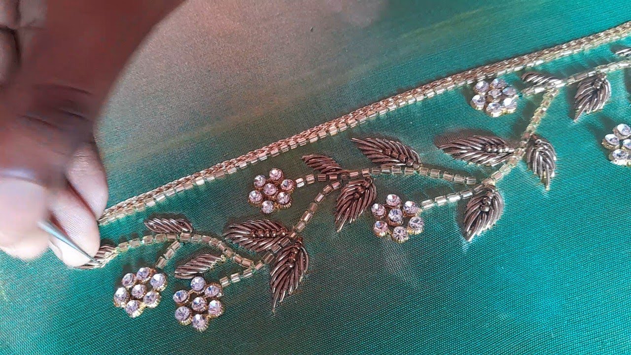 Zardosi leaf with Cutdana bead embroidery Neck design - YouTube
