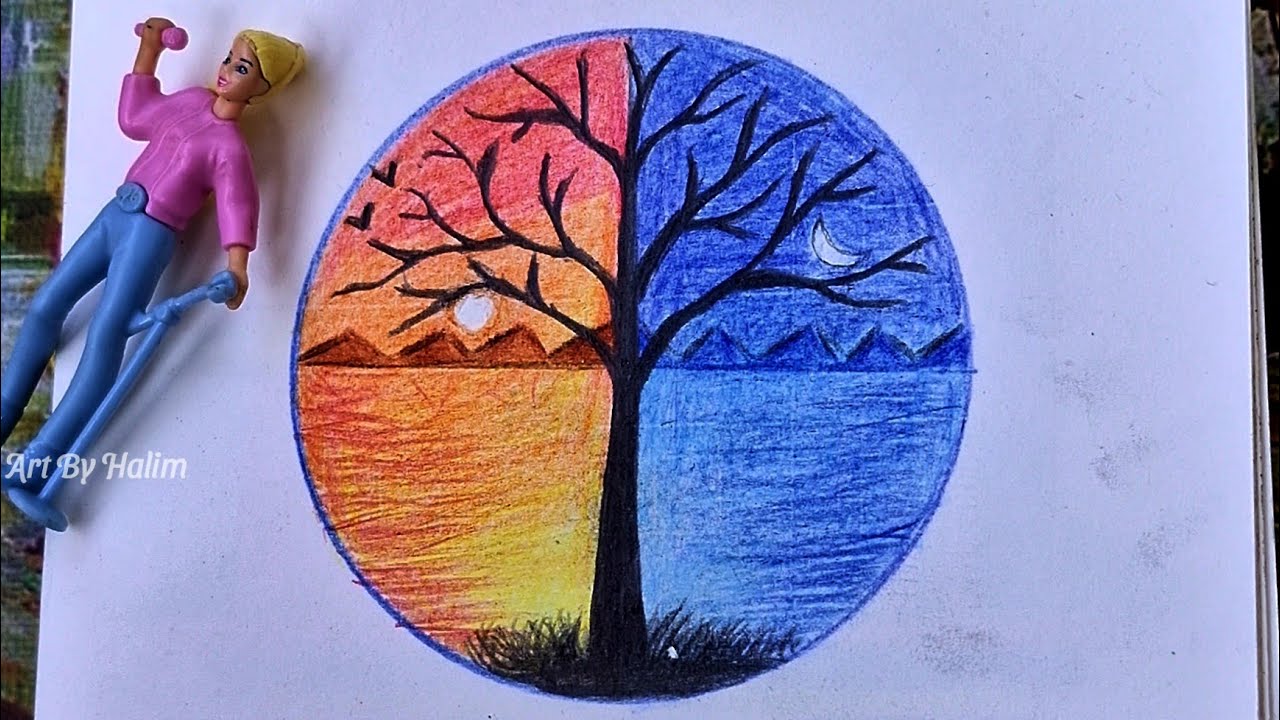 Day vs Night Drawing With Colour Pencil || Circle Scenery Drawing ...
