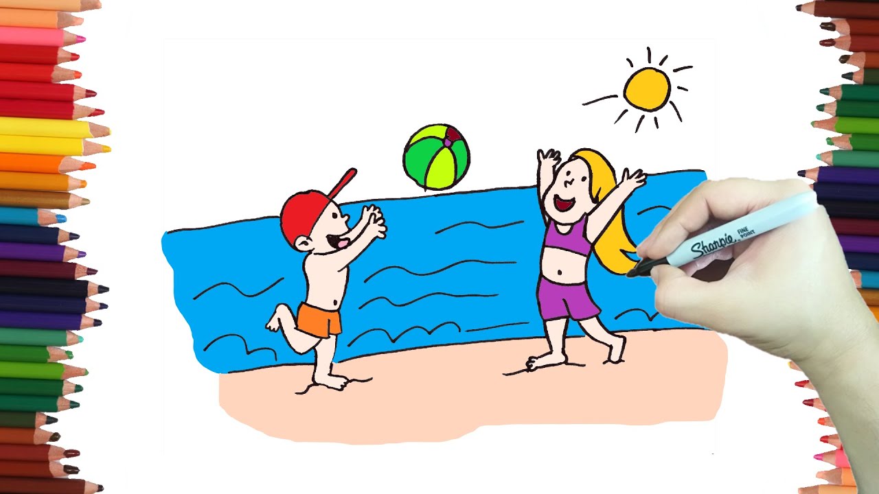 How to draw CHILDREN PLAYING ON THE BEACH - YouTube