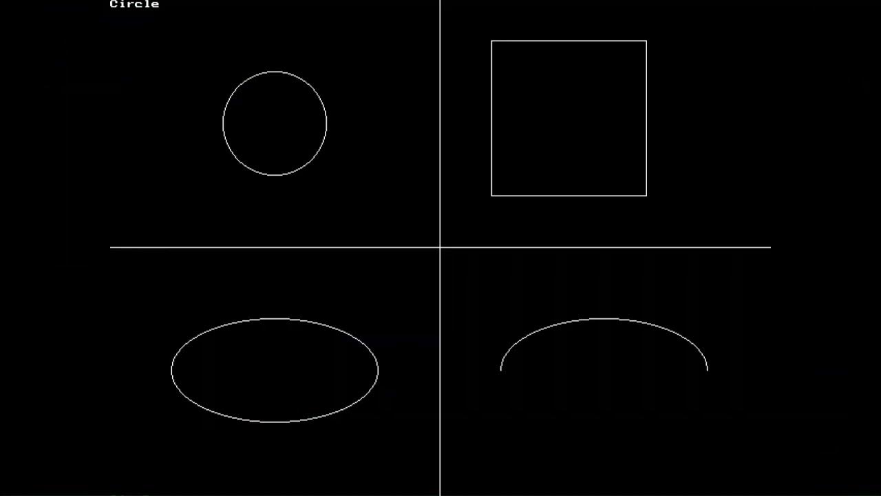 Divide your screen into four regions, draw circle rectangle ,ellipse ,half ellipse # ...